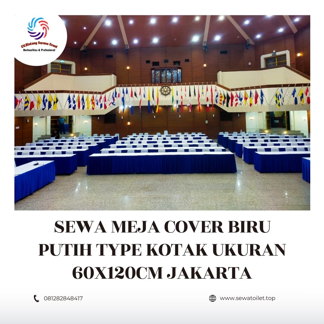 Sewa Meja Cover Biru Putih Type Kotak Ukuran 60x120cm Jakarta