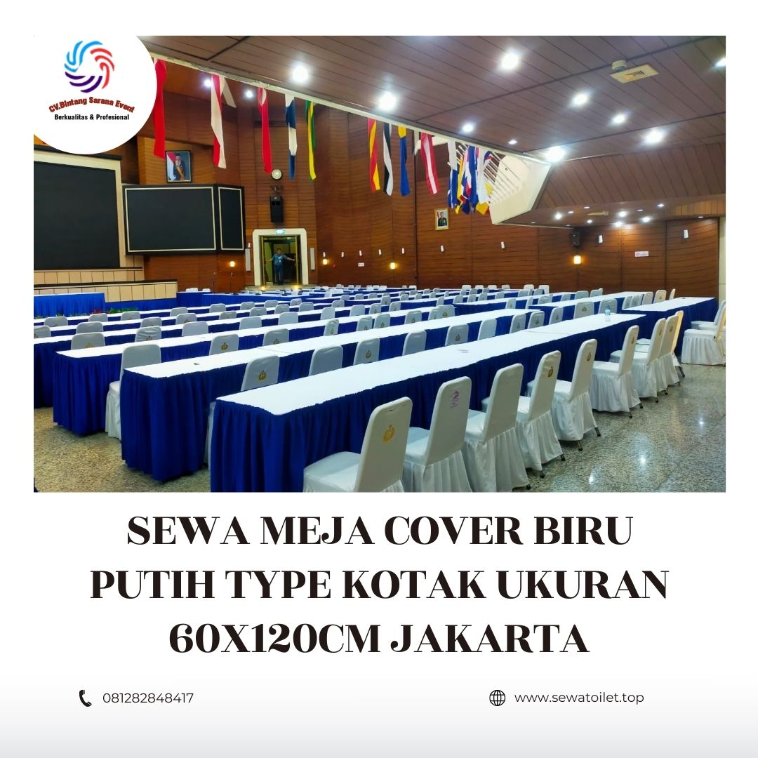 Sewa Meja Cover Biru Putih Type Kotak Ukuran 60x120cm Jakarta